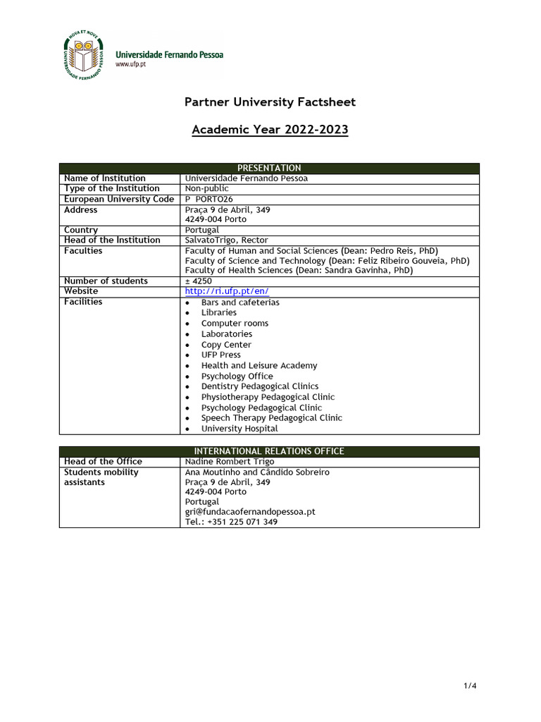 University-Fernando-Pessoa_Information-Sheet_2022-23 | PDF | Cost Of Living | Euro