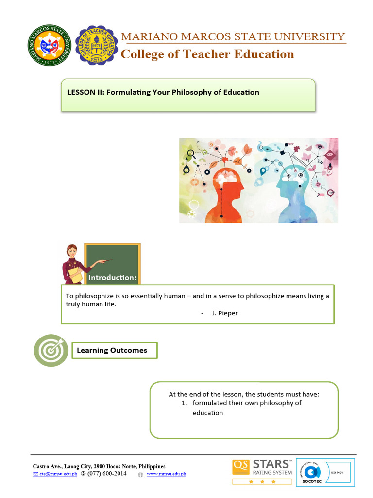 Lesson Ii Formulating Your Philosophy Of Education Pdf Philosophy