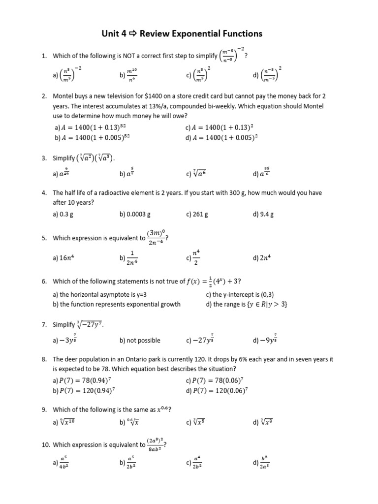 Exponential Functions Review Quiz | PDF | Exponential Function ...