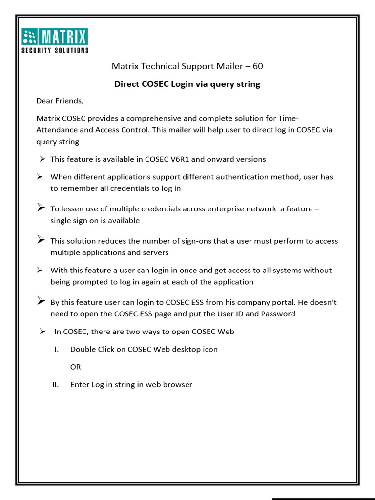 COSEC Single Sign-On Guide | PDF | Login | World Wide Web