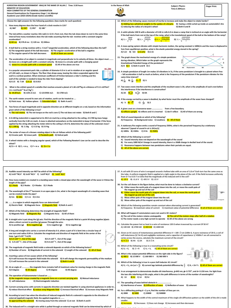 Prewezary Exam 2022-2023 - Answer Key | PDF | Electromagnetic Induction | Electric Motor