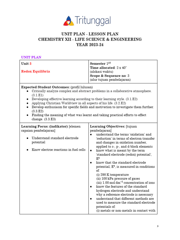 Redox Equilibria Unit Plan for Chemistry XII | PDF | Ionic Bonding ...