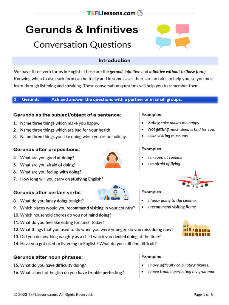 Gerunds and Infinitives Conversation Guide | PDF | English Language | Verb