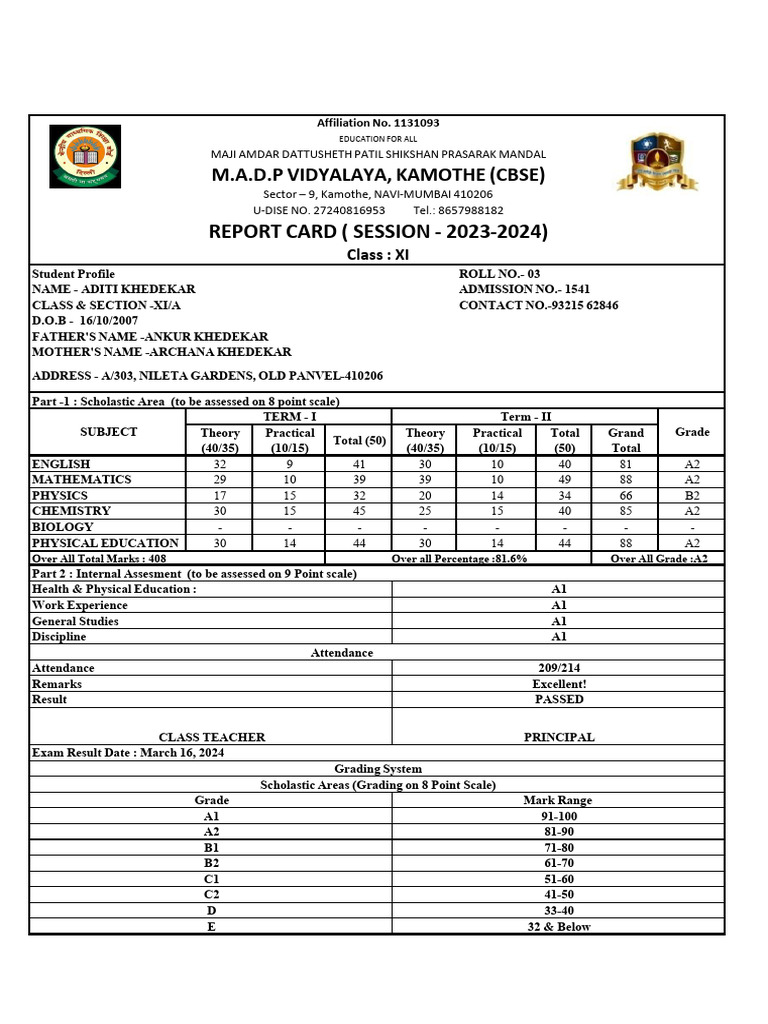 Class XI Report Card 2023-2024 | PDF | Educational Assessment | Schools