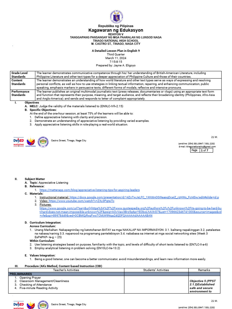 Detailed Lesson Plan: Appreciative Listening | PDF | Learning | Human ...