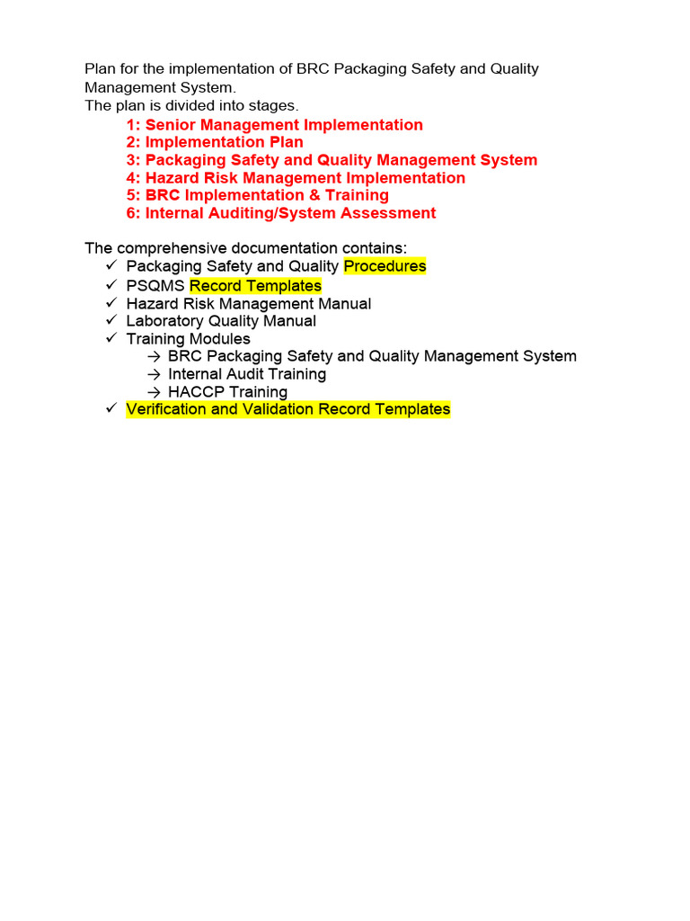 BRC Pack System Plan LIST OF PROCEDURES | Download Free PDF | Risk ...