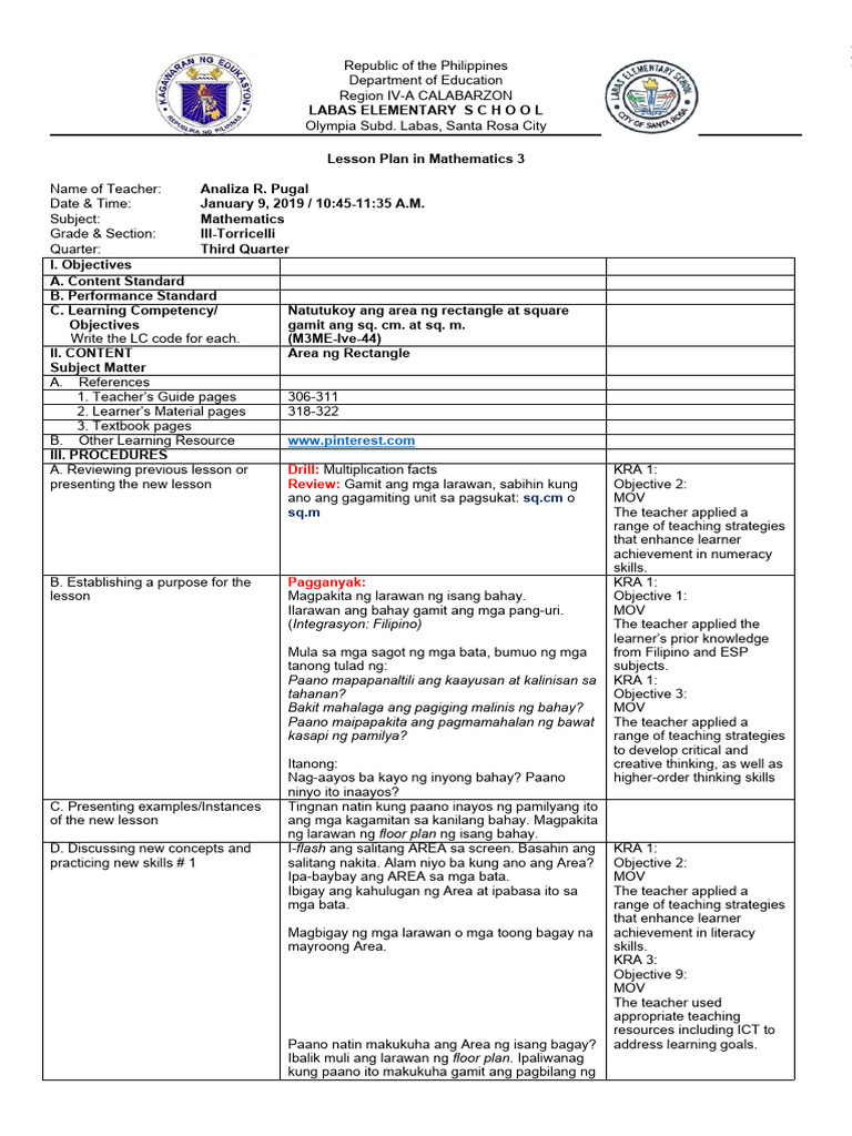 COT DLL in MATH Area of Rectangle | PDF