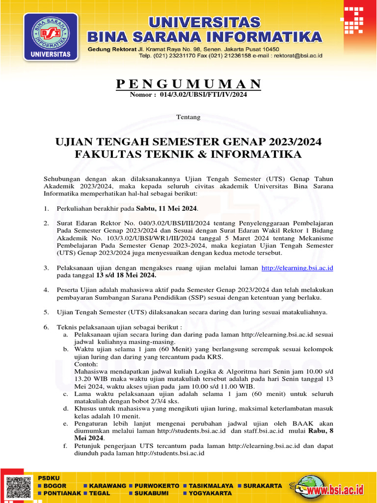 Pengumuman UTS SMT Genap 2023-2024 FTI | PDF | Teknologi & Rekayasa