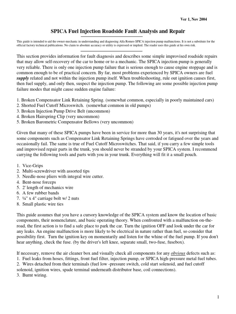 SPICA Roadside Diagnosis Nov2004 | PDF | Throttle | Screw