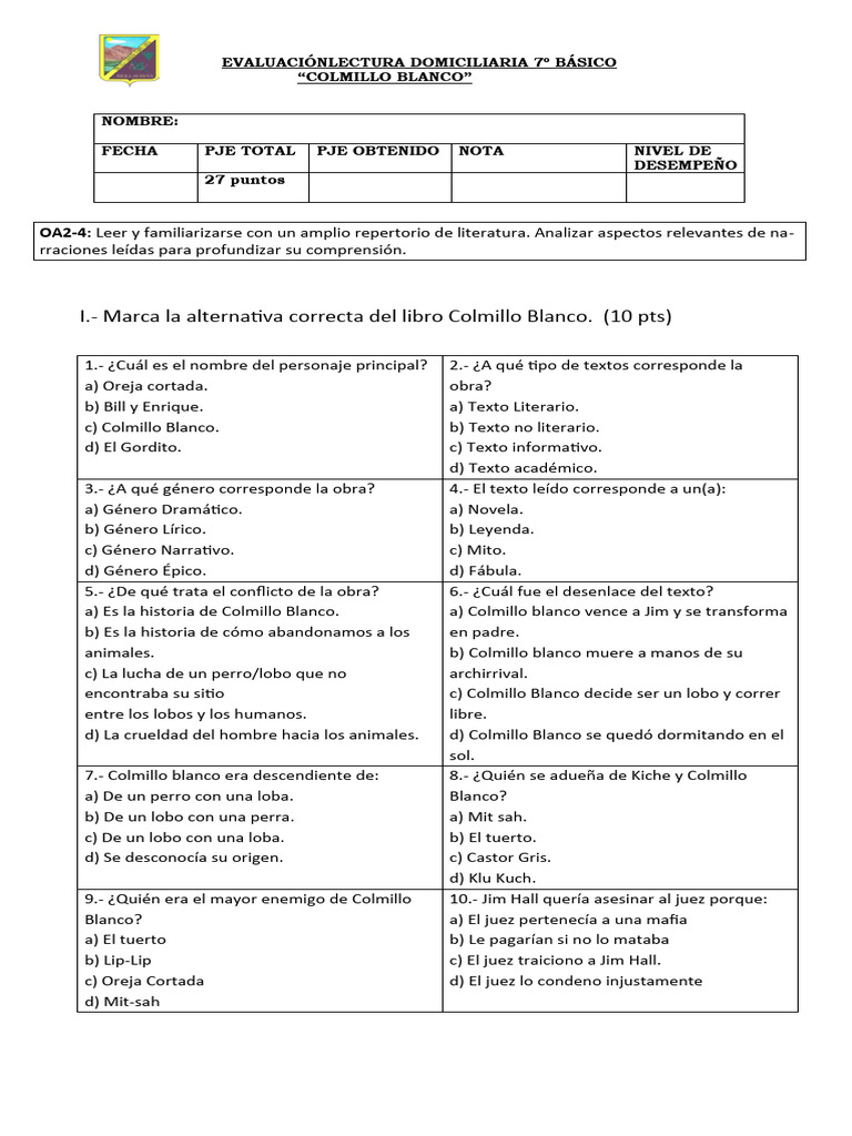 PRUEBA 7° NOVIEMBRE Colmillo Blanco | PDF | Colmillo Blanco