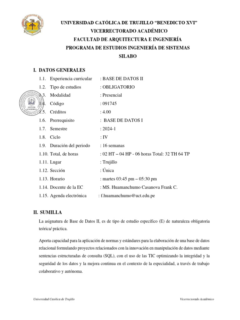 Silabo Base De Datos Ii 2024 1 Descargar Gratis Pdf Sql Servidor Sql De Microsoft 