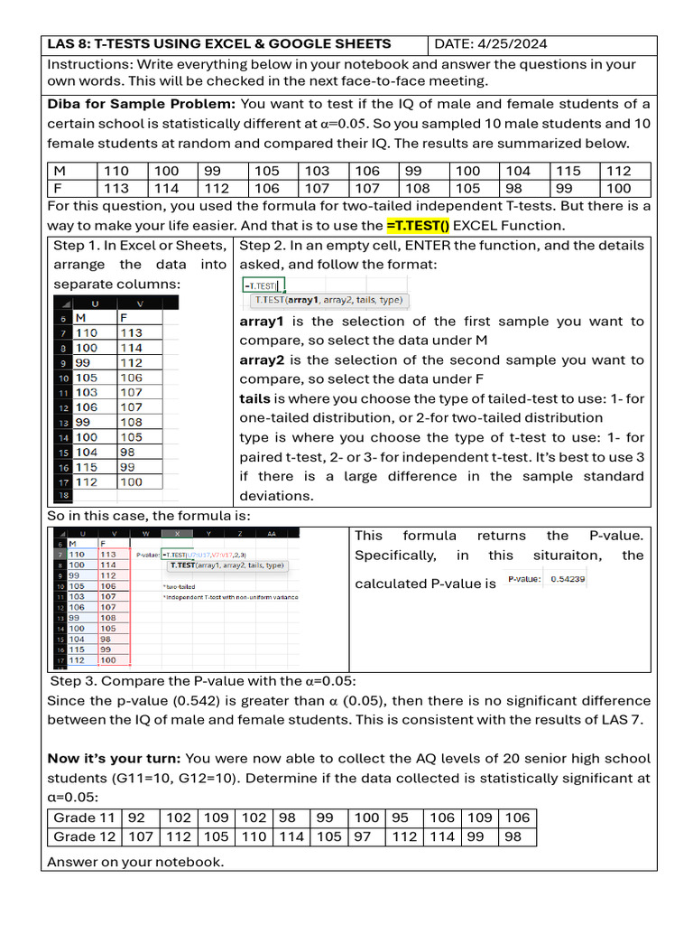 Las 8 T Tests Using MS Excel Sheets | Download Free PDF | Student's T ...