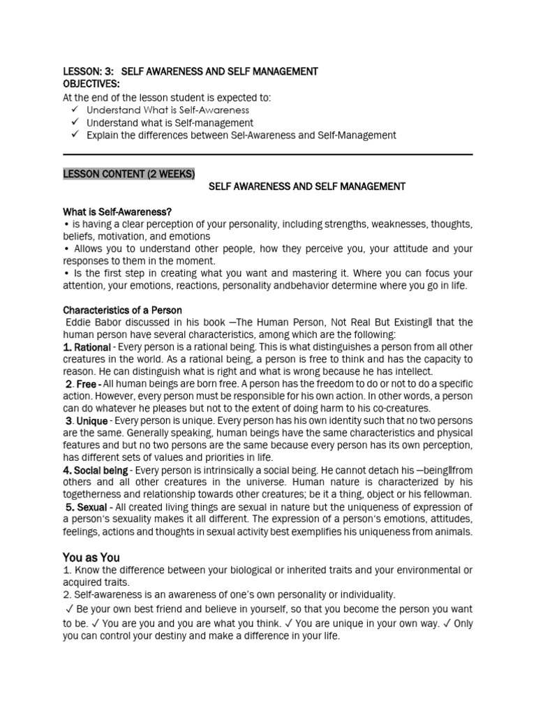 Lesson 3 Self Awareness and Self Management | Download Free PDF | Self ...