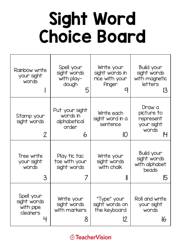 Sight 20 Word 20 Choice 20 Board | PDF | Writing