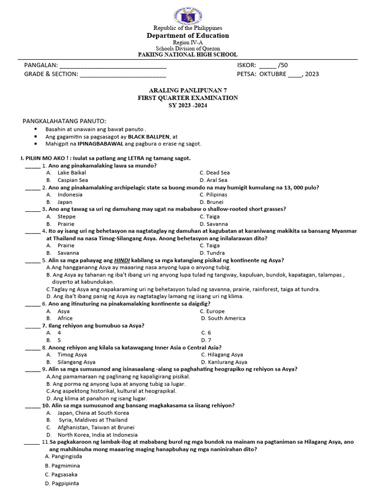 Ap 7 1ST Quarter Sy 2023-2024 | PDF
