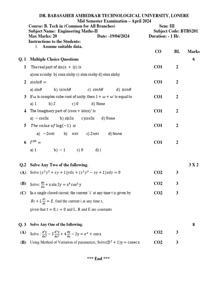 Mse Maths Ii Pdf Subtraction Differential Equations