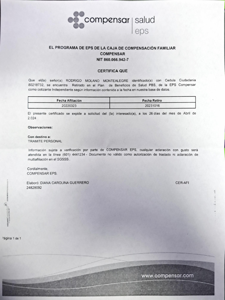 Certificado EPS Compensar | PDF