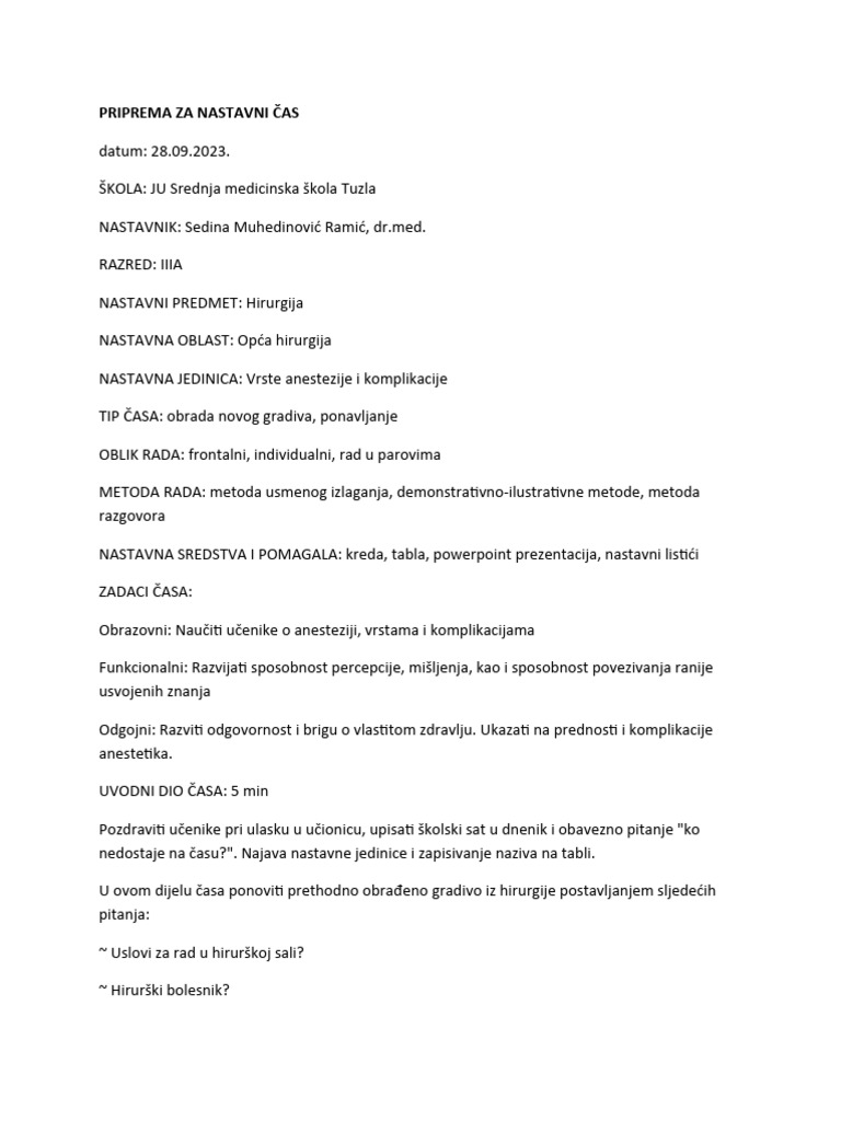 PRIPREMA ZA Anesteziju | PDF