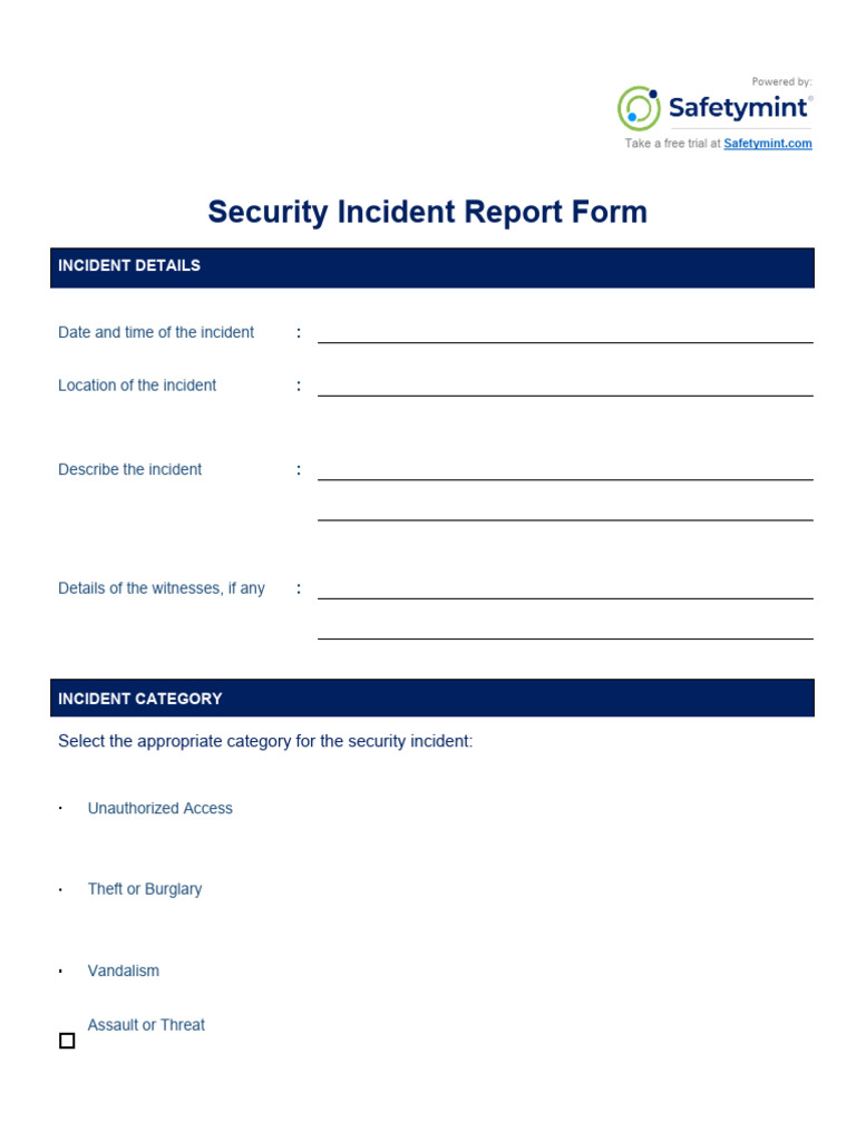 Security Incident Report Form | PDF