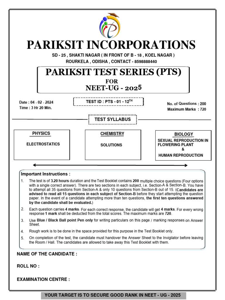 Pts - 01 - Neet - s12 - PST - Solution | PDF | Tests | Student ...