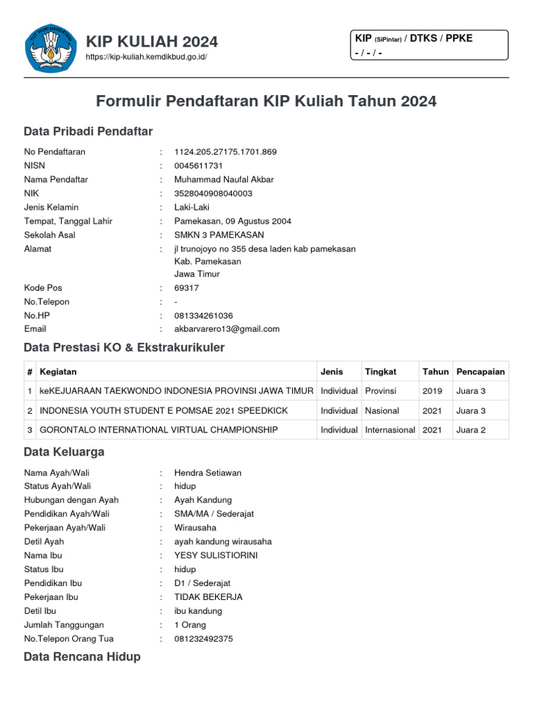 Formulir Peserta Kip Kuliah 2024 Pdf