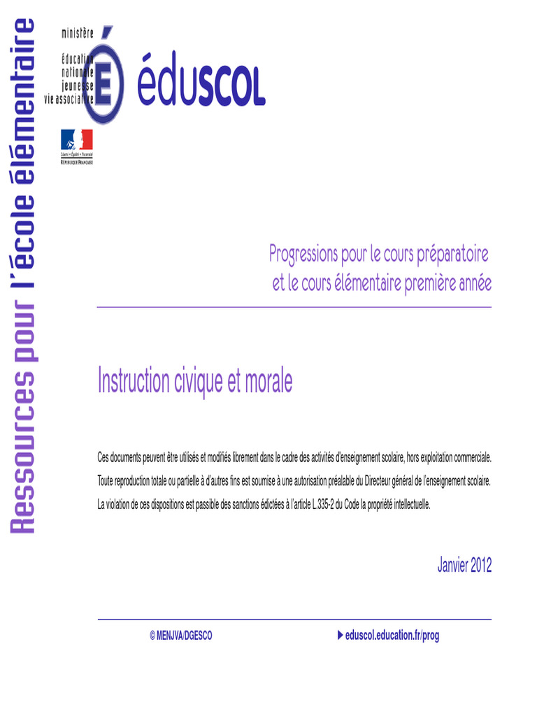 Progression en instruction civique cycle 2 | PDF | Hygiène | Moralité