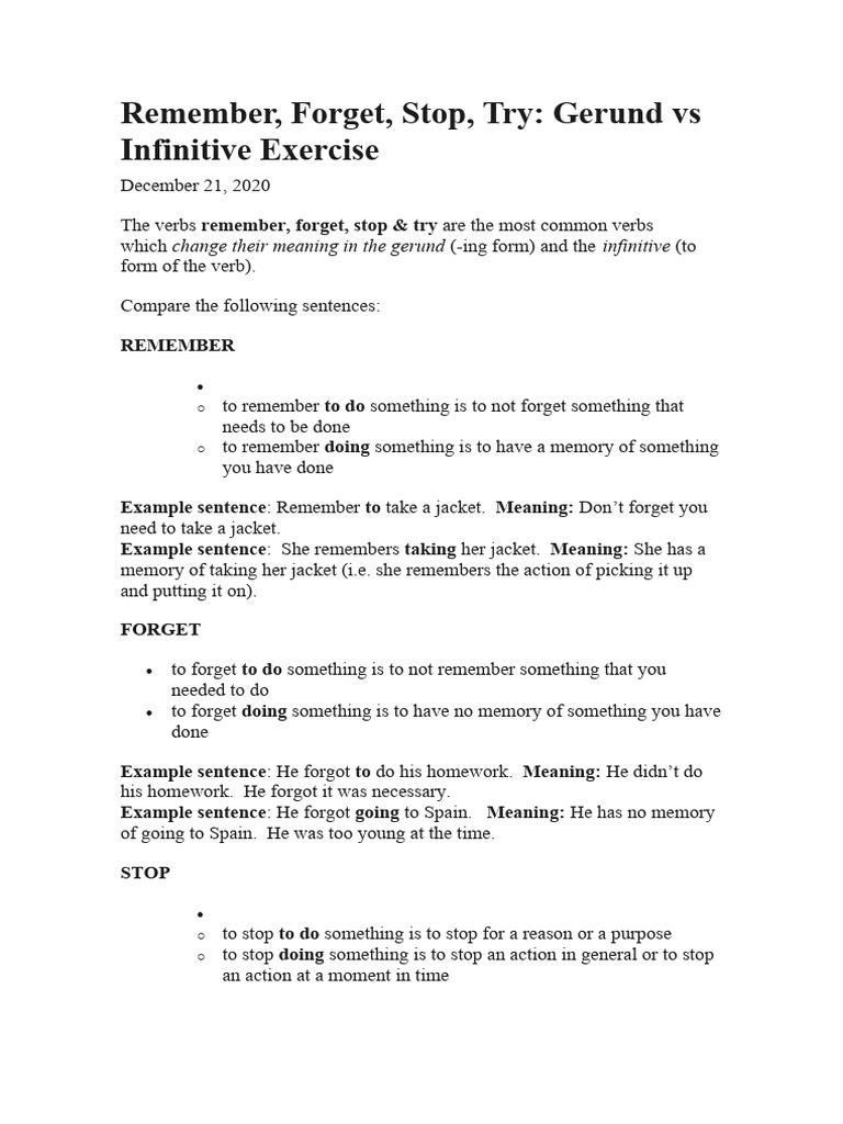Gerund Vs Infinitive Rememberforgetstop and Try | PDF | Language Arts ...
