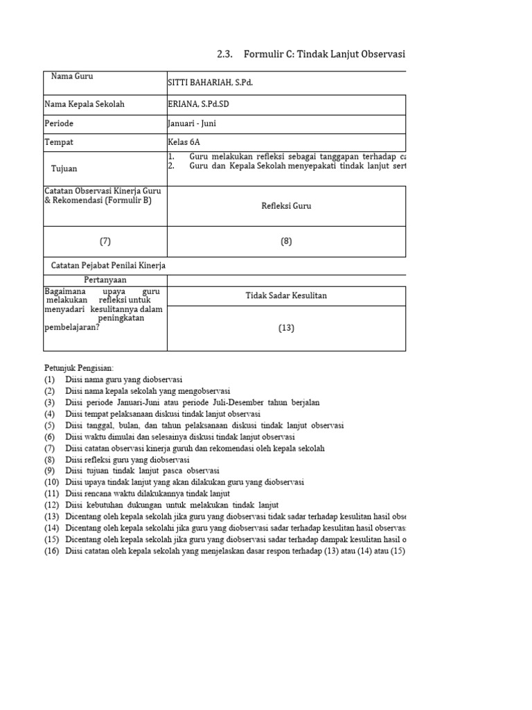 Formulir C Tindak Lanjut Observasi Kinerja | PDF