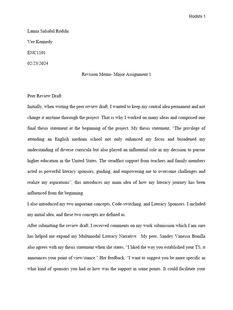 Revision Memo Multimodal Literacy Narrative | PDF | Narrative | Literacy
