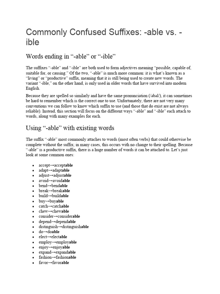 Understanding -able vs. -ible Suffixes | PDF | Word | Consonant