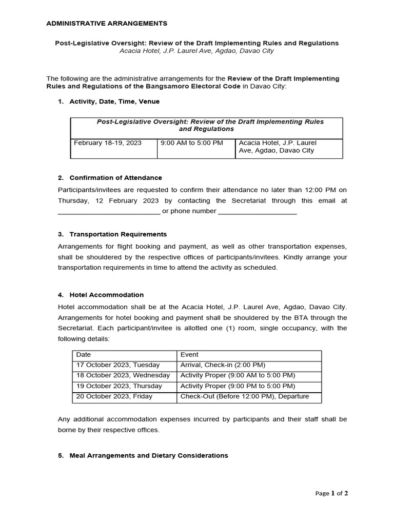 Administrative Arrangements Overview | PDF | Meal | Lunch