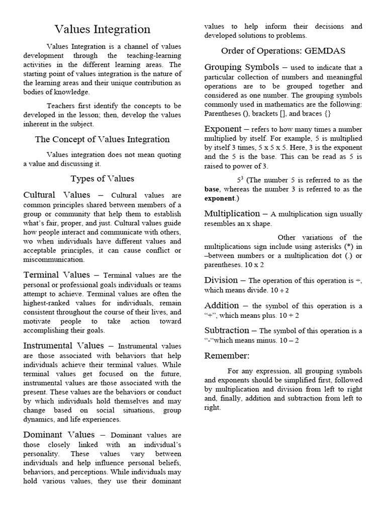 Lecture 10 - Values Integration | PDF | Multiplication | Bracket