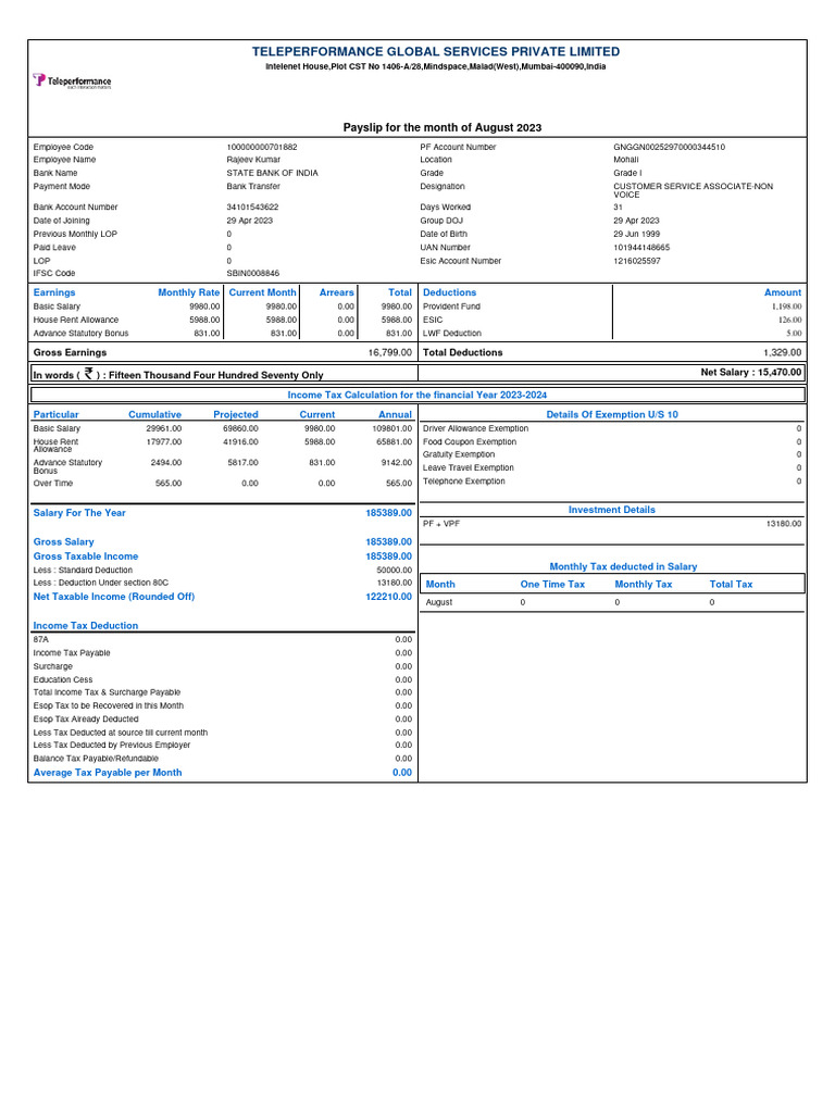 August 2023 Salary Slip for Rajeev Kumar | PDF | Taxes | Salary