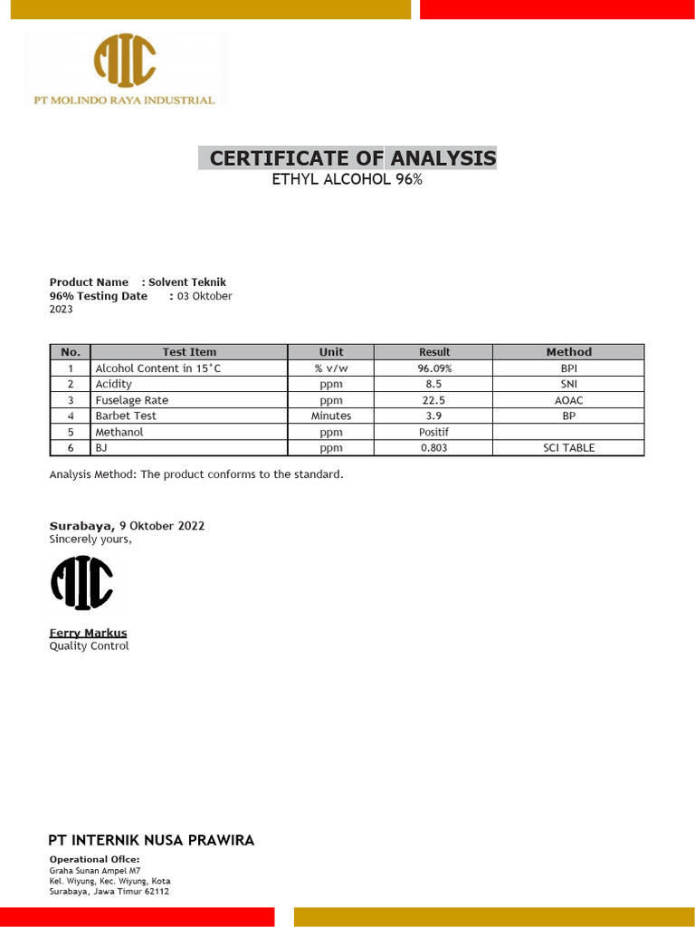 Ethyl Alcohol 96% Certificate of Analysis | PDF | Science & Mathematics ...