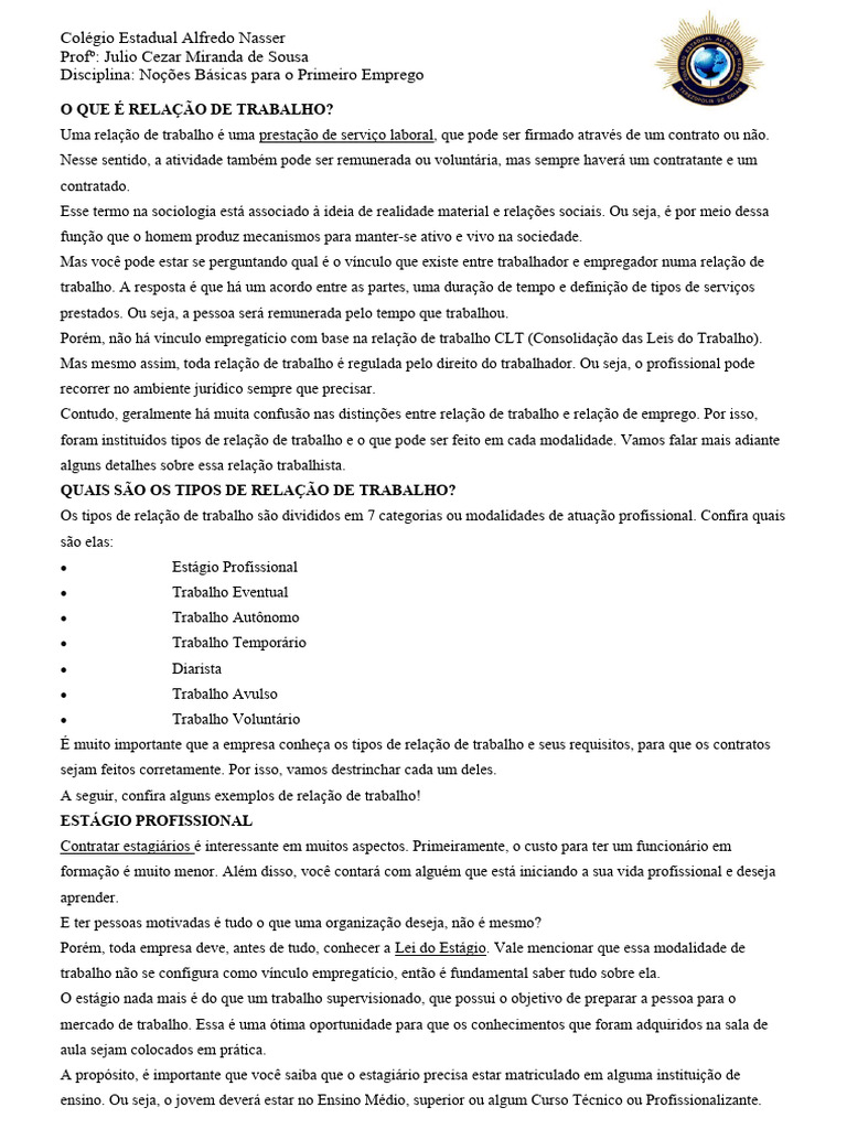 Aula 4 - Tipos de Trabalho | PDF | Emprego | Pessoal (trabalho)