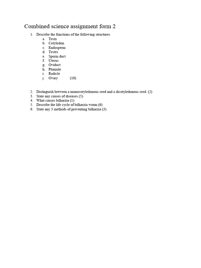 Combined Science Assignment Form 2 Reproduction and Health and Diseases ...