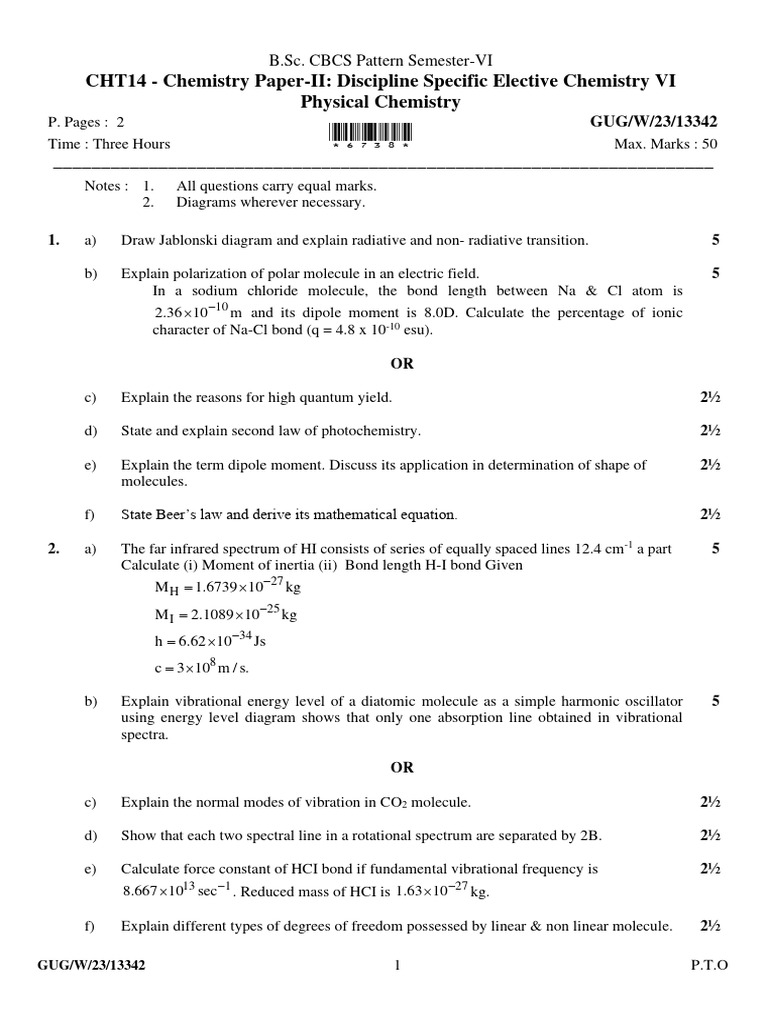 Year - B.Sc. CBCS Pattern Semester-VI Subject - CHT14 - Chemistry Paper ...