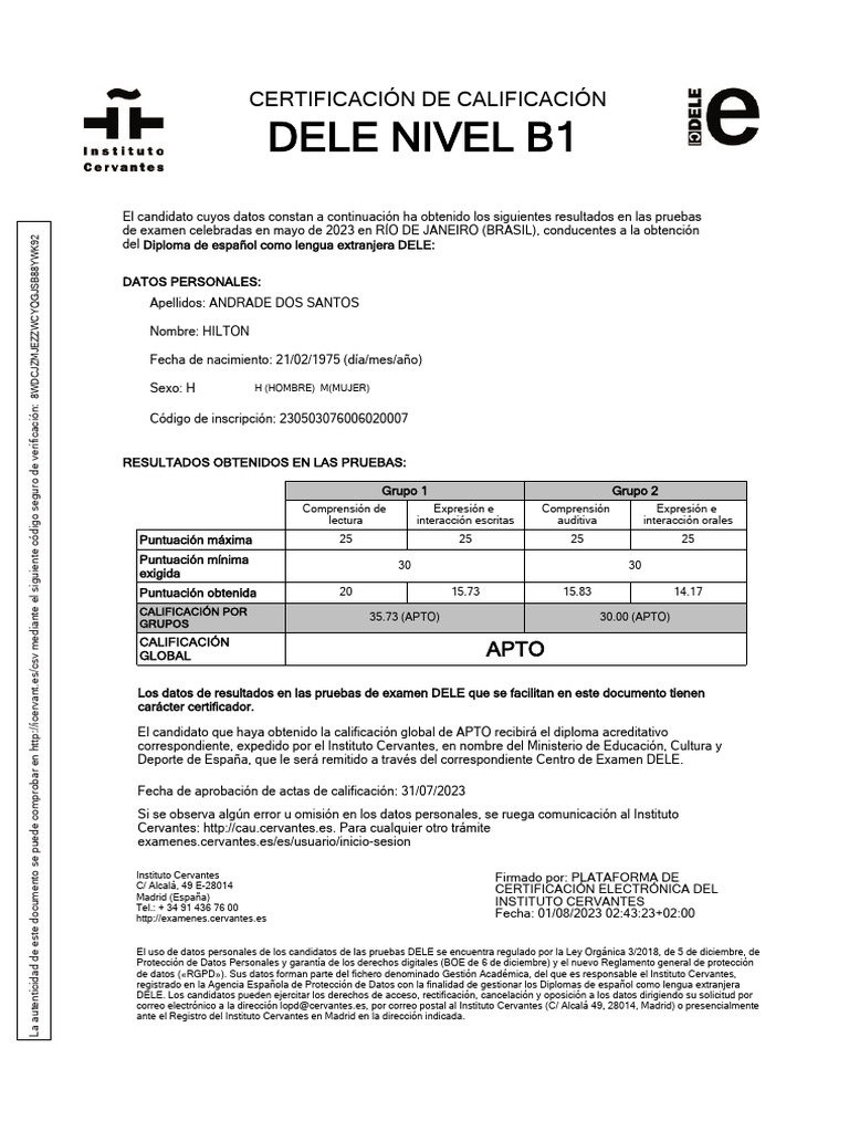 Prova Dele Nível B1 | PDF | Evaluación y evaluación del estudiante | Calificaciones