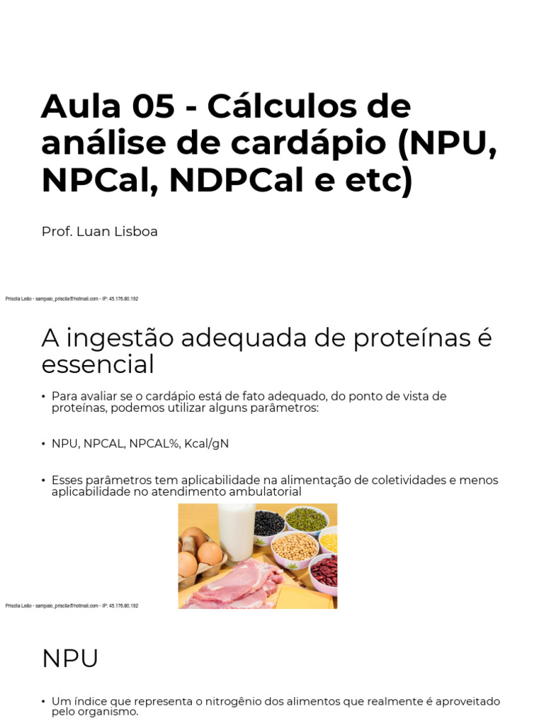 Aula 05 - Outros Cálculos de Cardápio NPcal, NDPcal, NPU | PDF | Proteínas | Caloria