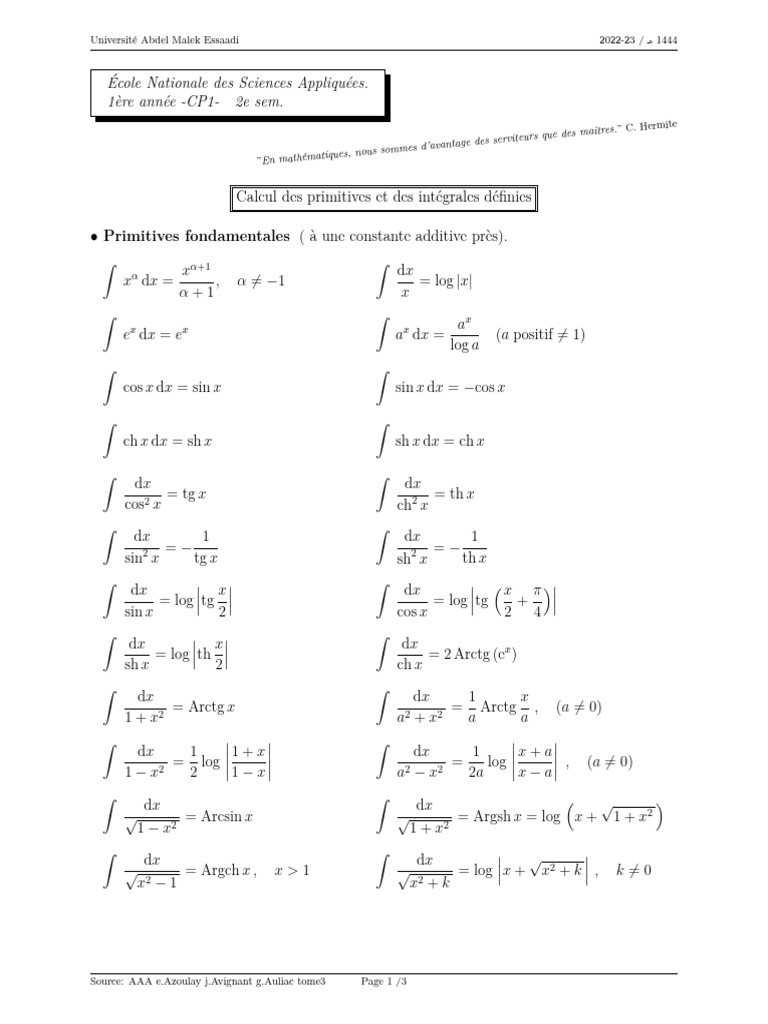 Calcul des Primitives et Intégrales | PDF | Mathématiques | Analyse ...