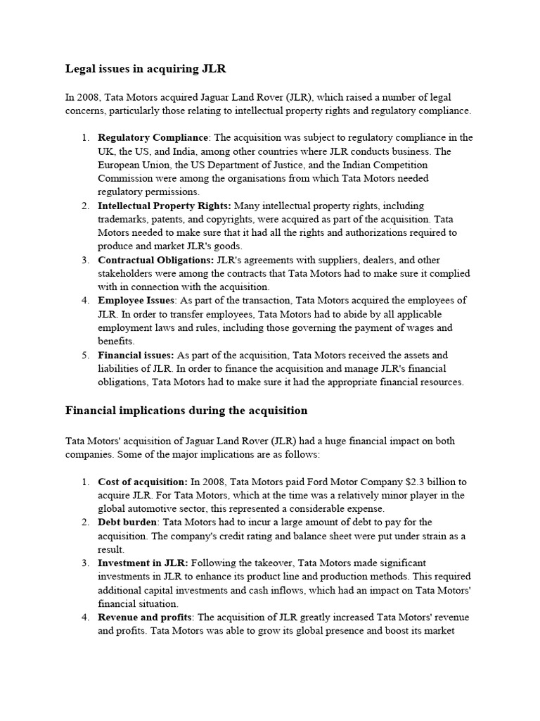 Legal Issues in Acquiring JLR | PDF | Mergers And Acquisitions | Employment