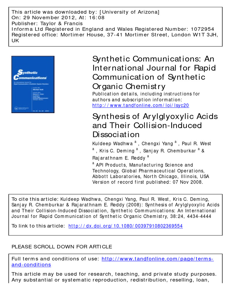 Synthetic Communications An International Journal For Rapid Communication Of Synthetic Organic