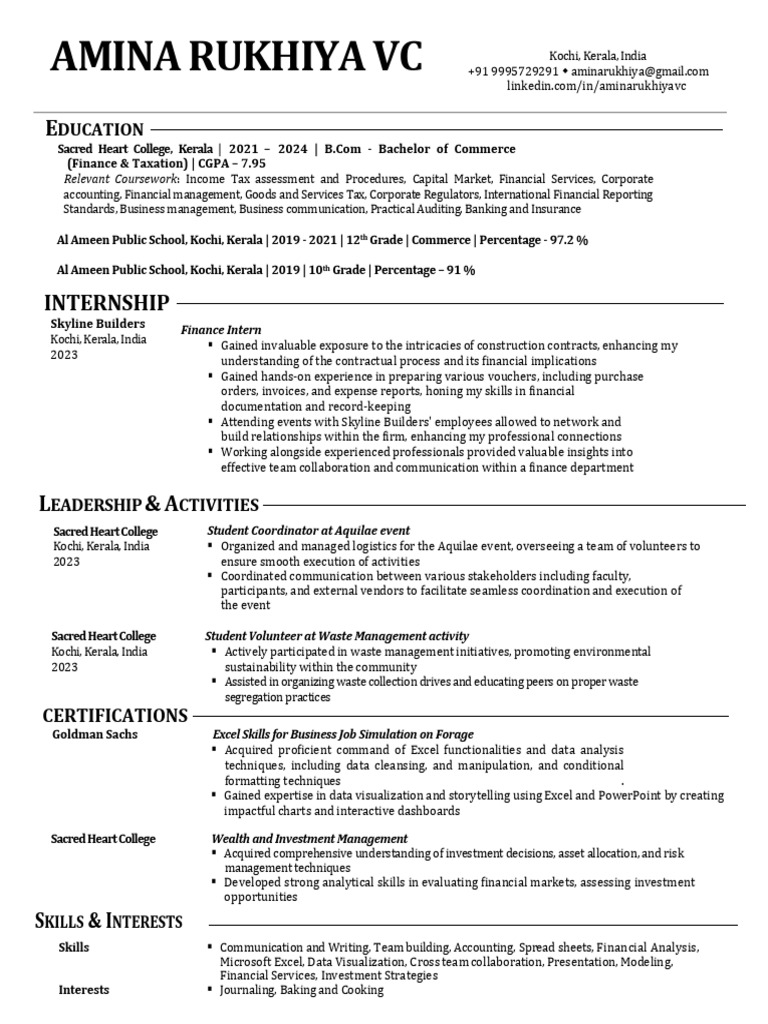 Amina Rukhiya - Resume | PDF | Business | Accounting