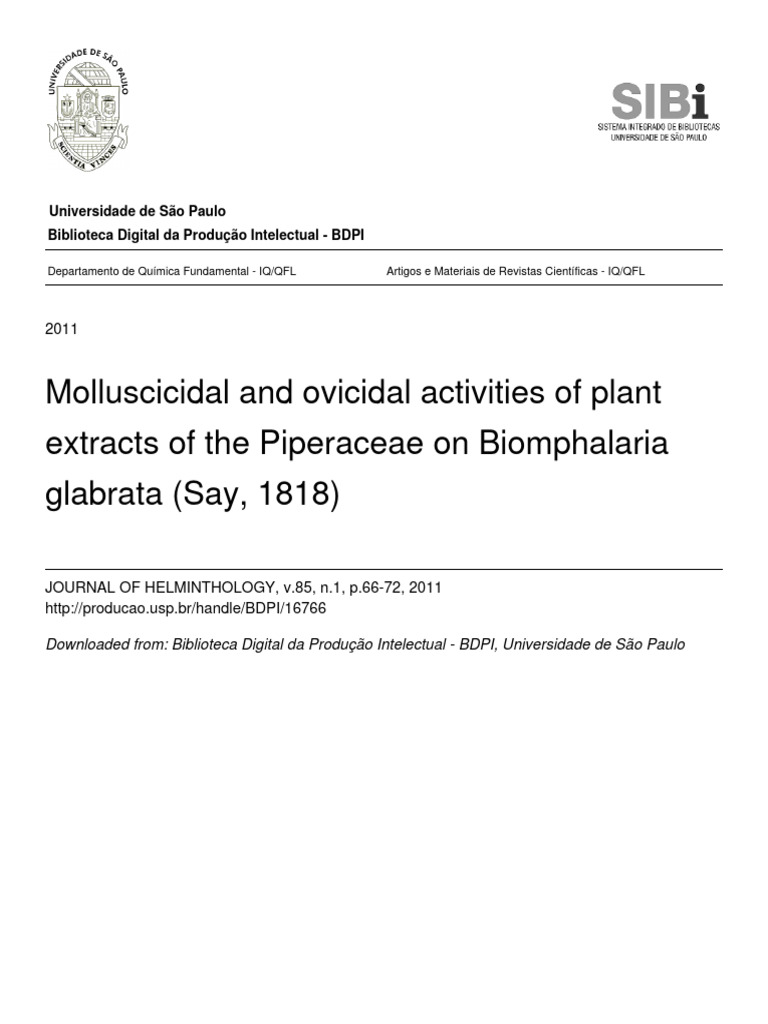 Molluscicidal Effects of Piperaceae Extracts | PDF | Science & Mathematics
