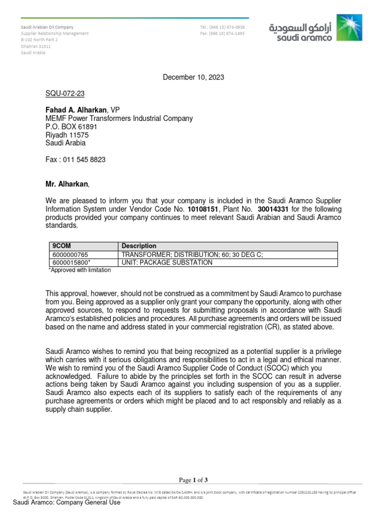 MEMF Power Transformers Industrial Company - Aramco Approved Letter ...