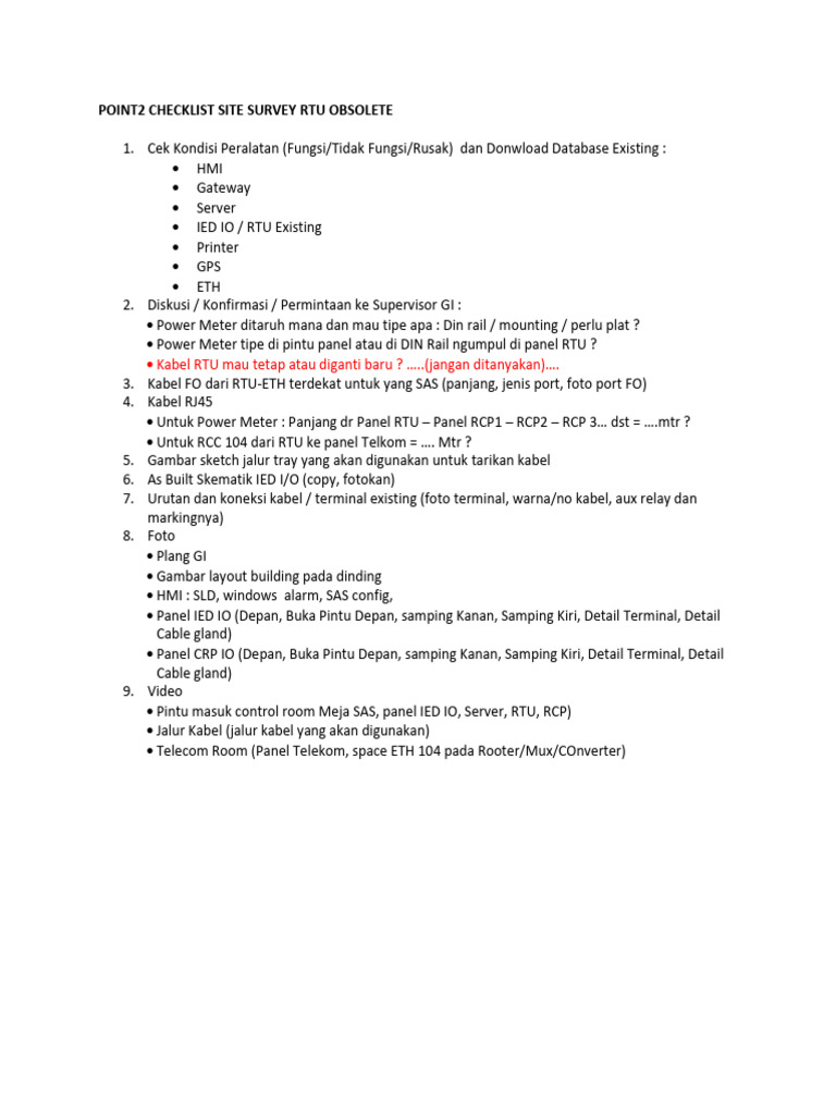 Point Checklist Site Survey RTU Obsolete | PDF