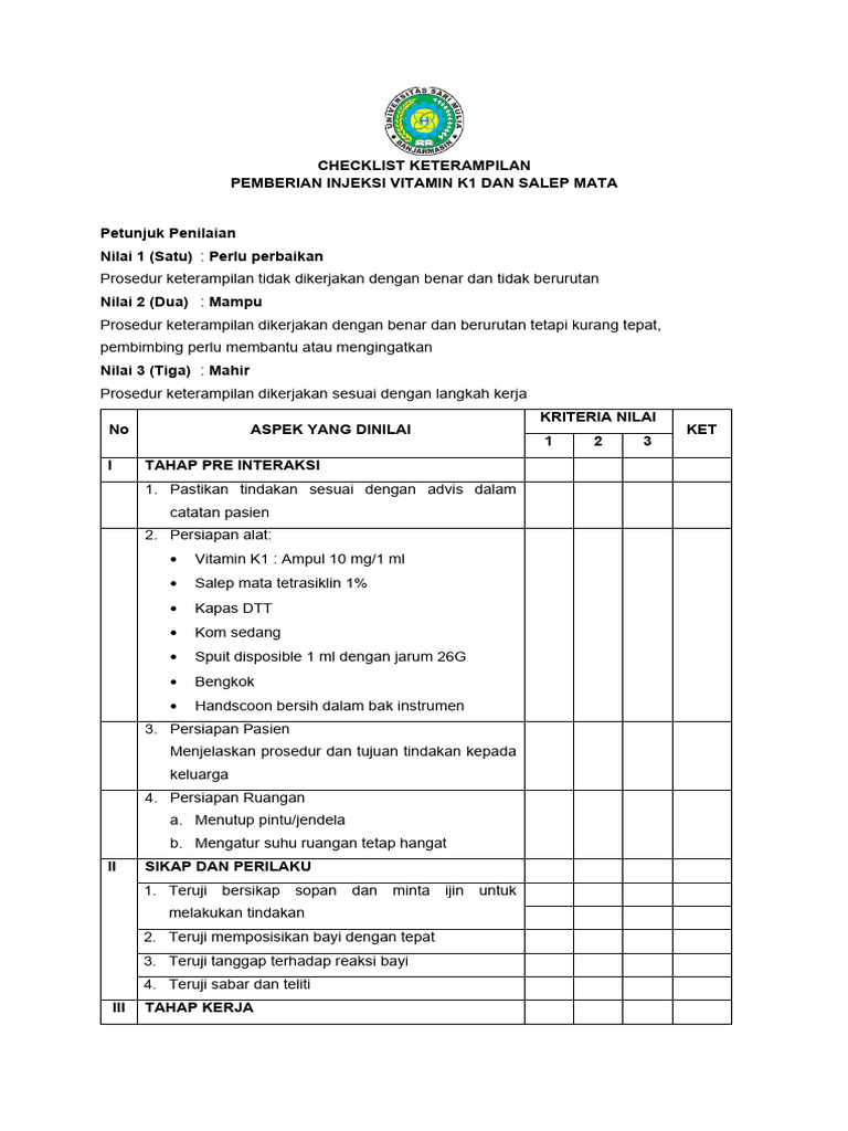 CHECLIST KETERAMPILAN PEMBERIAN INJEKSI VITAMIN K1 Dan Salep Mata | PDF