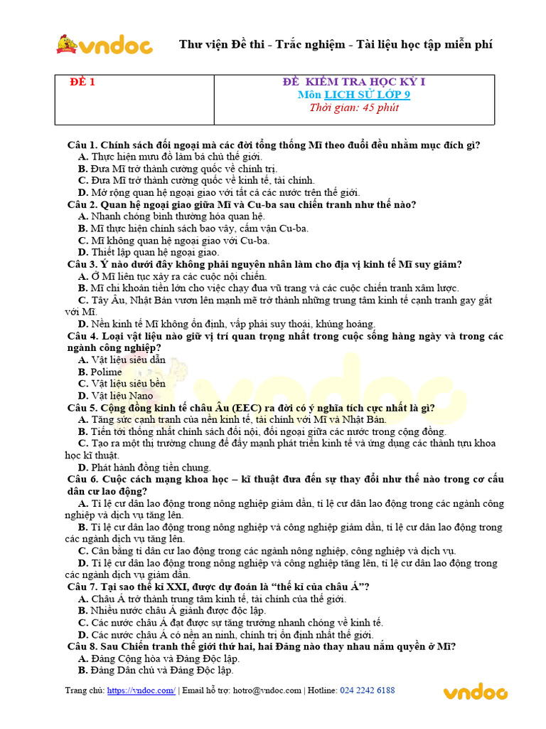 16 de Thi Hoc Ki 1 Lop 9 Mon Lich Su | PDF