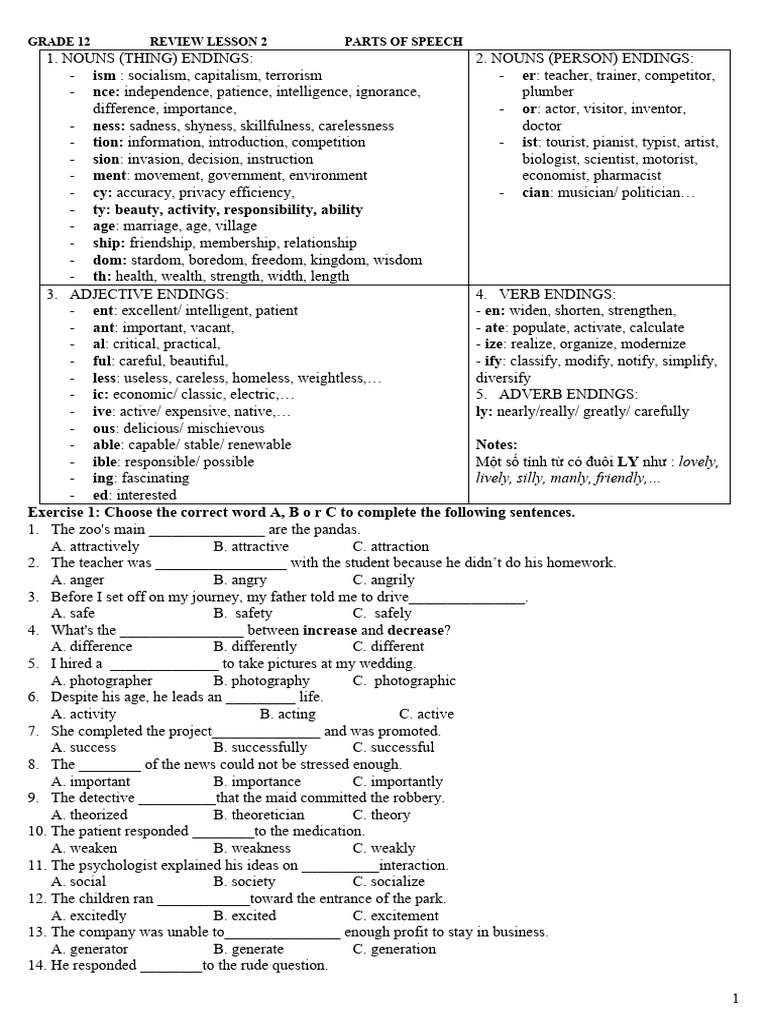 Grade 12 Parts of Speech Review | PDF | Language Arts & Discipline