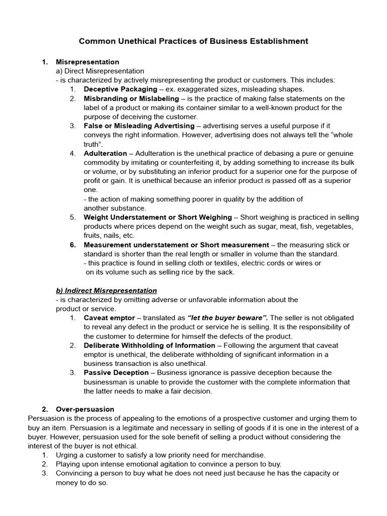 Common Unethical Practices of Business Establishment | PDF | Corruption ...